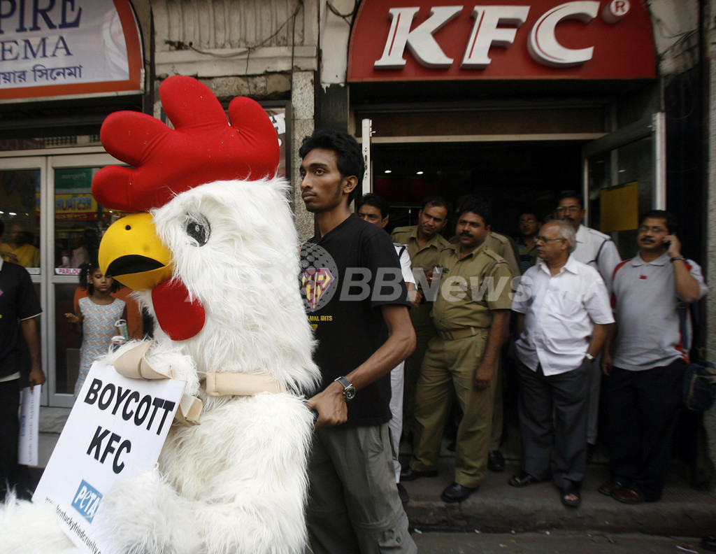 今度はニワトリの着ぐるみ、動物愛護団体PETAがKFCに抗議 写真2枚 国際ニュース：AFPBB News